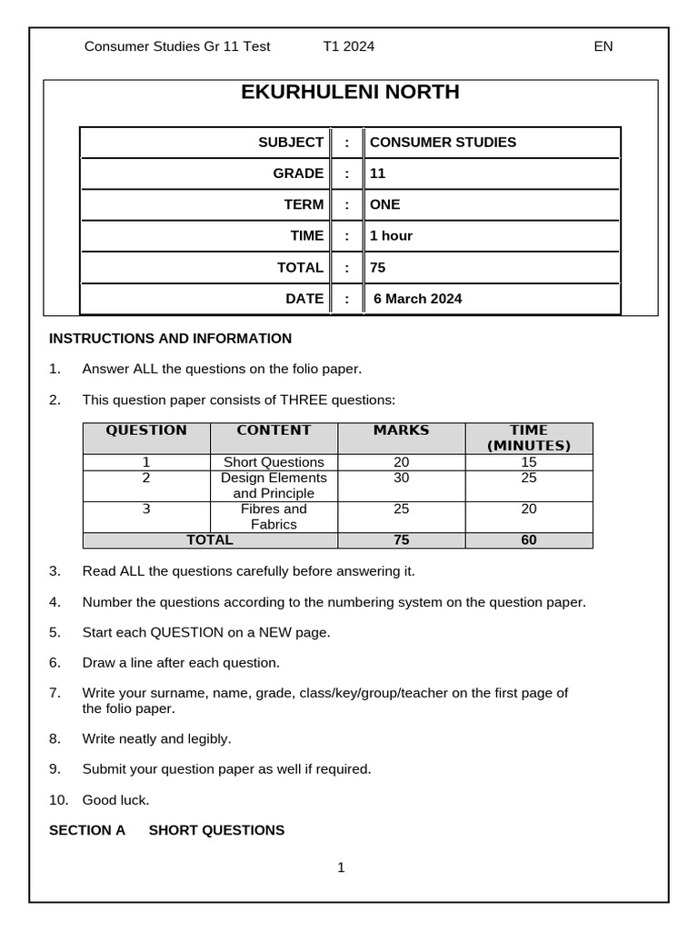 Grade 11 Consumer Studies Test T1 2024 | PDF | Color | Blue