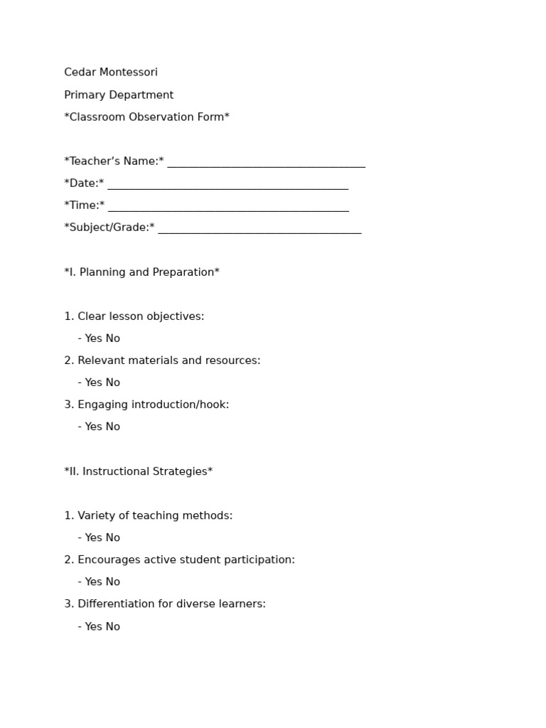 Classroom Observation Form | PDF