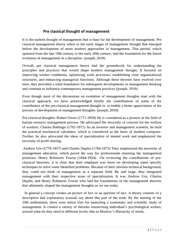 Pre Classical Thought of Management | PDF | Division Of Labour | Employment