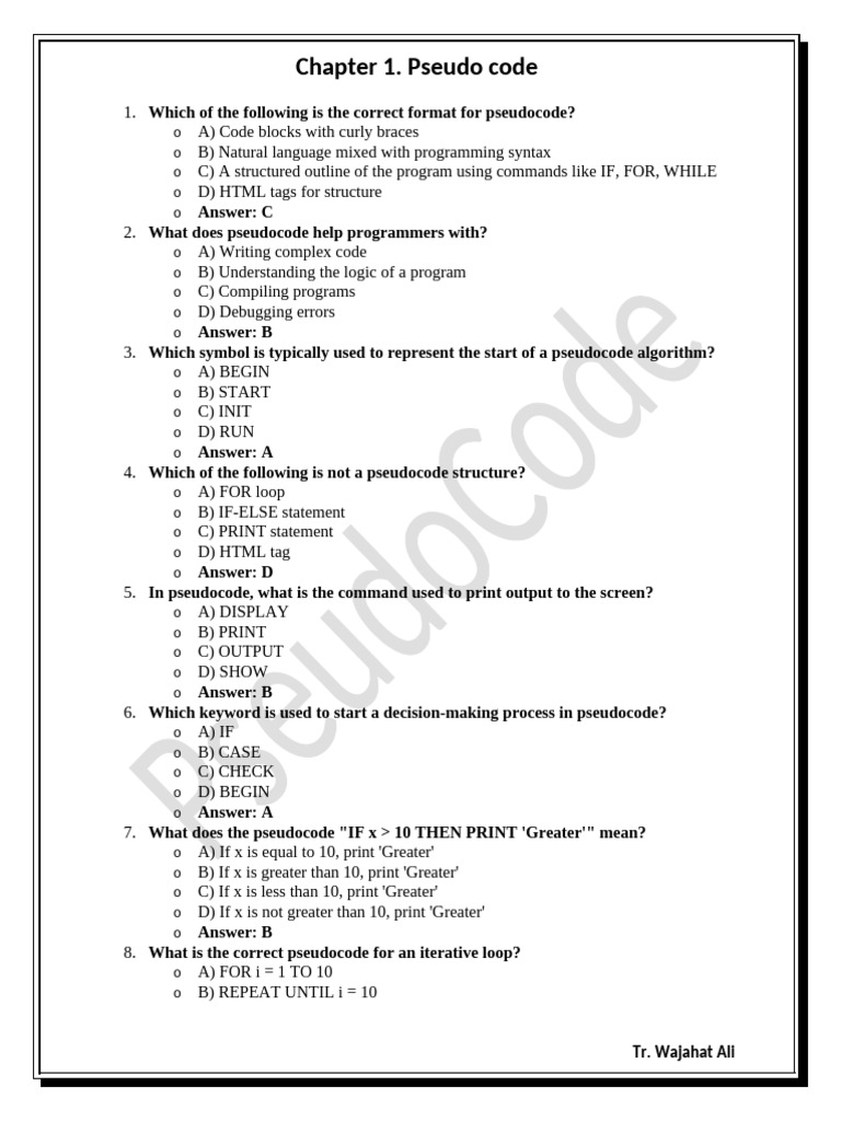 Grade 8 Chapter 1 Pseudocode Worksheet | PDF | Control Flow | Mathematical Logic