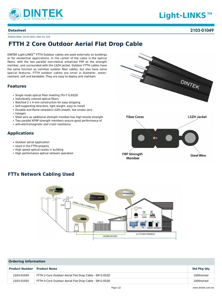 FTTH 2 Core Outdoor Aerial Flat Drop Cable | PDF | Optical Fiber | Fiber To The X