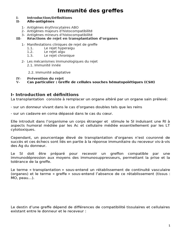 Immunité et rejet des greffes d'organes | PDF | Rejet de greffe ...