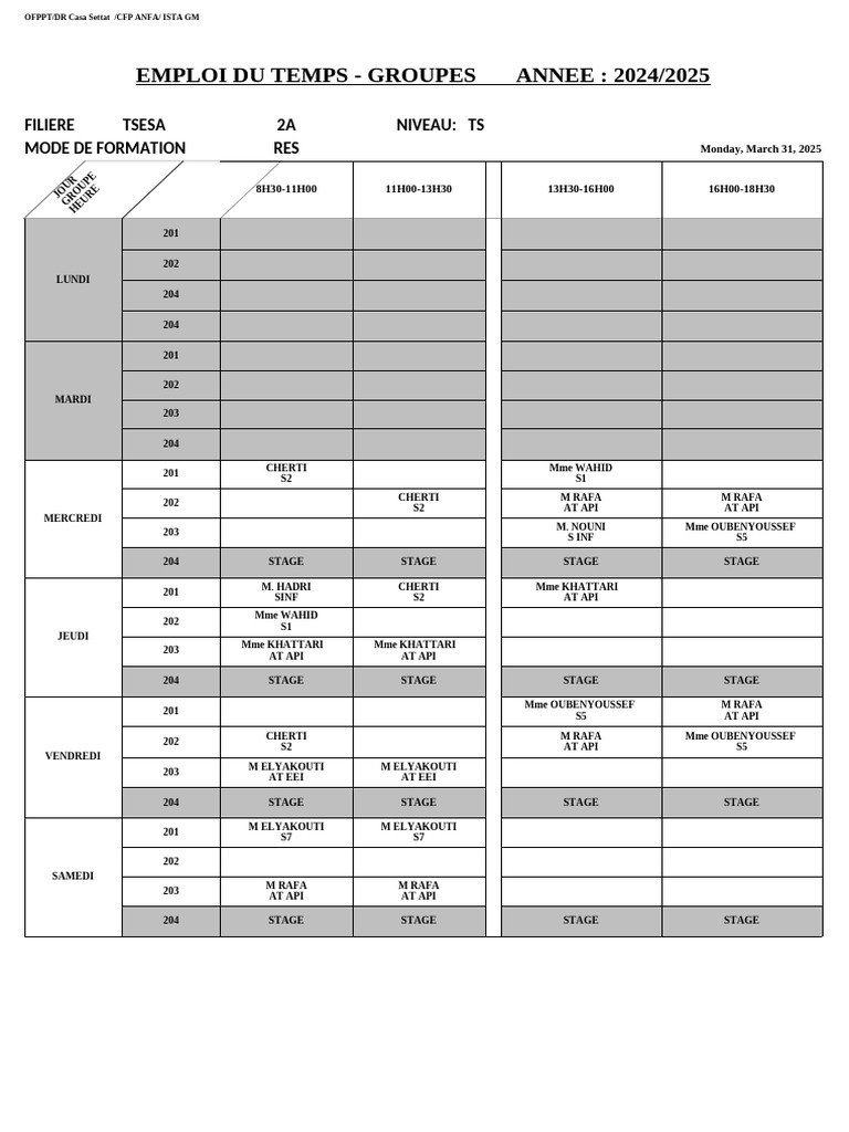 2024/2025 Course Schedule for TSESA, TEMI, EM, TFM | PDF