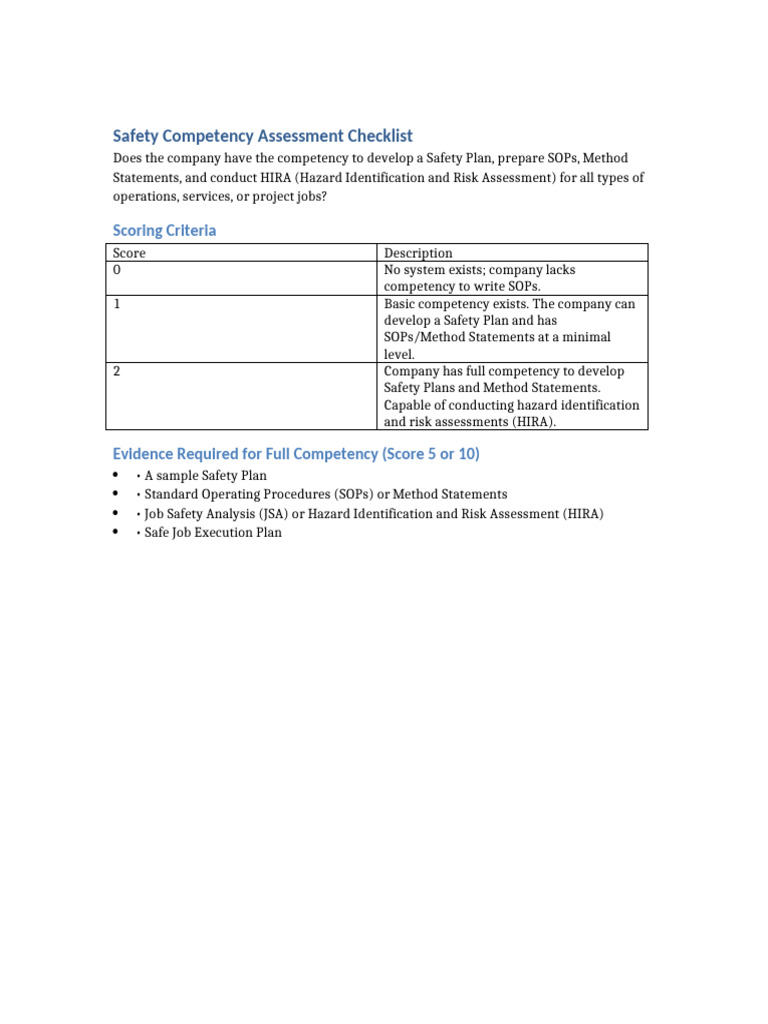Safety Competency Assessment Checklist | PDF