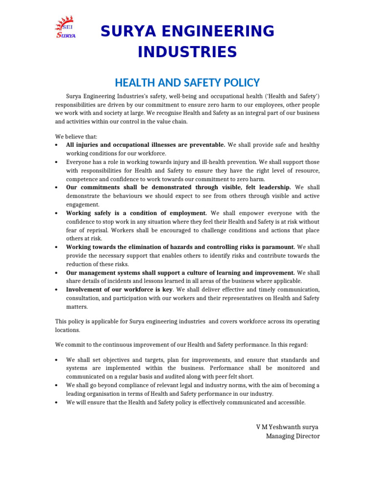 Surya Engineering Health and Safety Policy | PDF | Occupational Safety ...