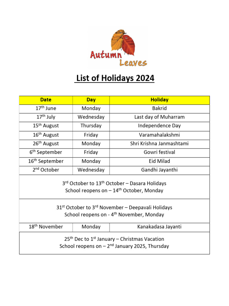 List of Holidays - 2024 | PDF