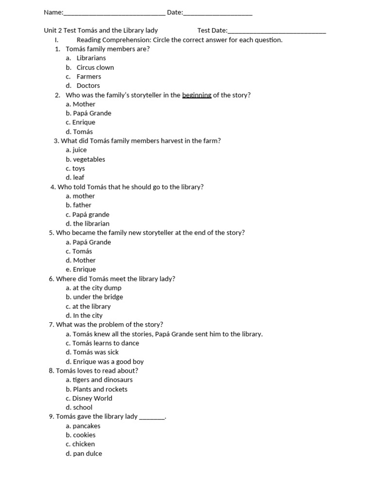 4th Grade Unit 2 Review Tomas and The Libray Lady | PDF
