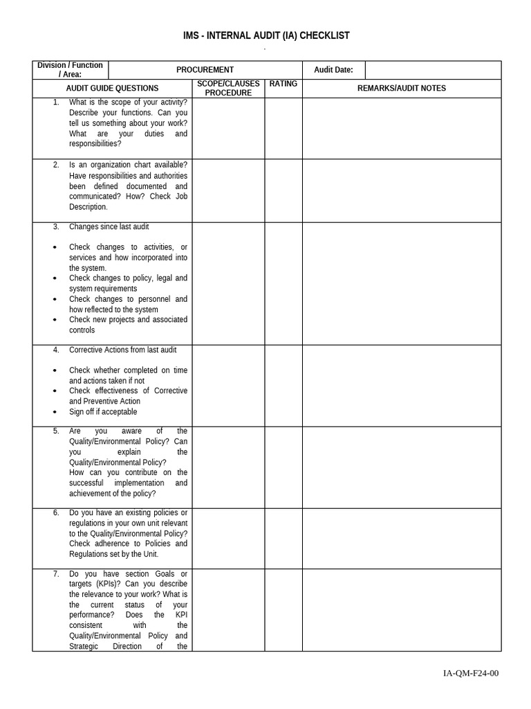 Procurement Internal Audit Checklist | PDF | Audit | Policy