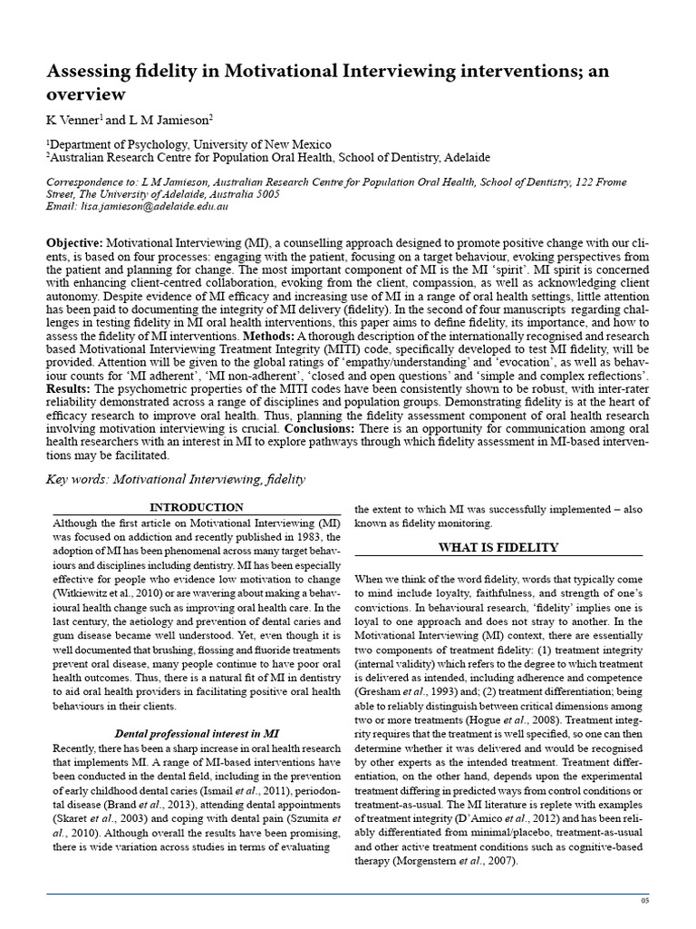 Assessing Fidelity in Motivational Interviewing | PDF | Dentistry ...