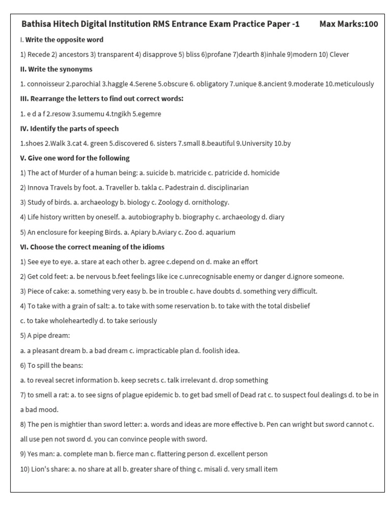 Bathisa RMS Exam Practice Paper 1 | PDF