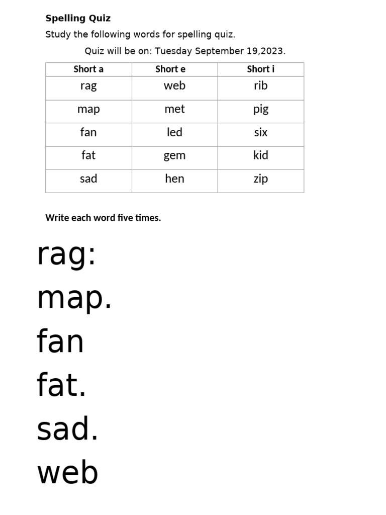 Unit 1 Spelling Quiz | PDF