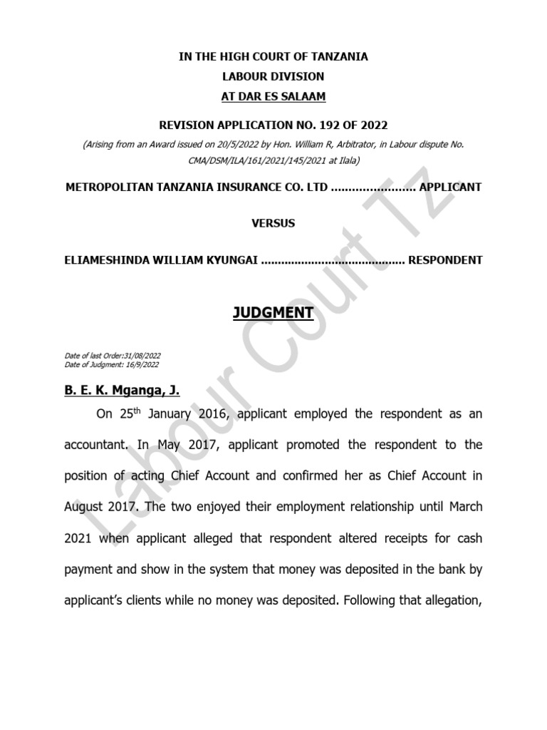Metropolitan Tanzania Insurance LTD Vs Eliameshinda William Kyungai (Revs Appl No 192 of 2022 ...