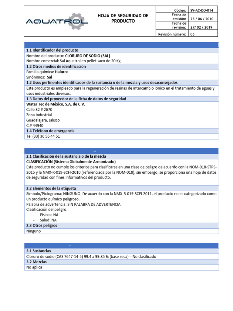Hoja de Seguridad SAL EN PELLET | PDF | Agua | Combustión