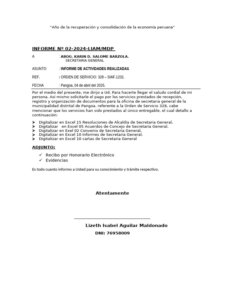 INFORME de Labores - Lizet | PDF