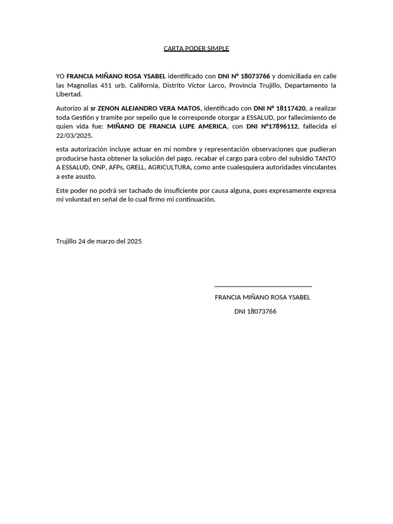 Poder para gestionar subsidio sepelio ESSALUD | PDF