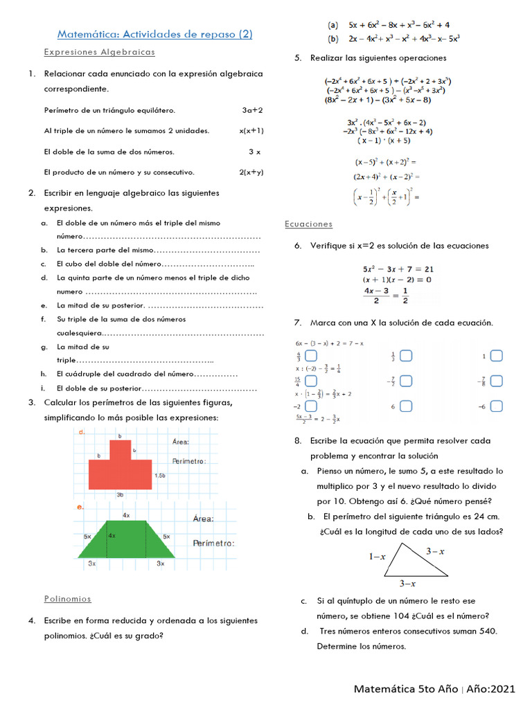 Matemática 5to-Actividades de Repaso2-2021 | PDF | Ecuaciones | Triángulo