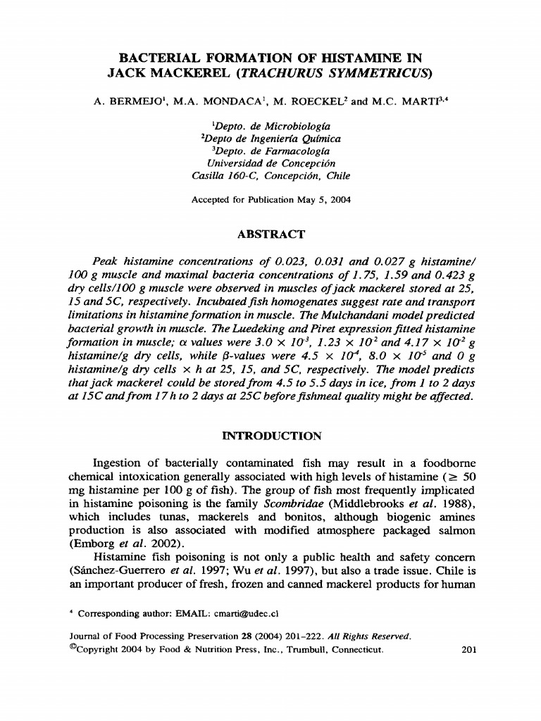 Bacterial Formation of Histamine in Jack Makerel | PDF | Bacteria ...