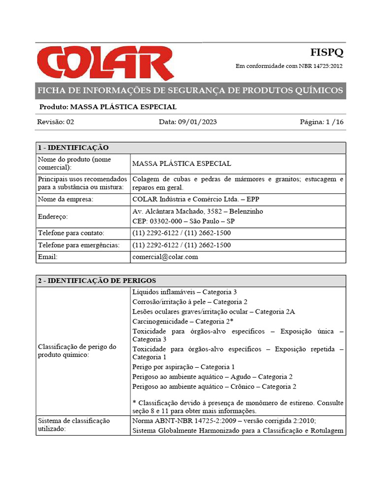 Fispq - Massa Plástica Especial - Rev02 | PDF | Densidade | Química