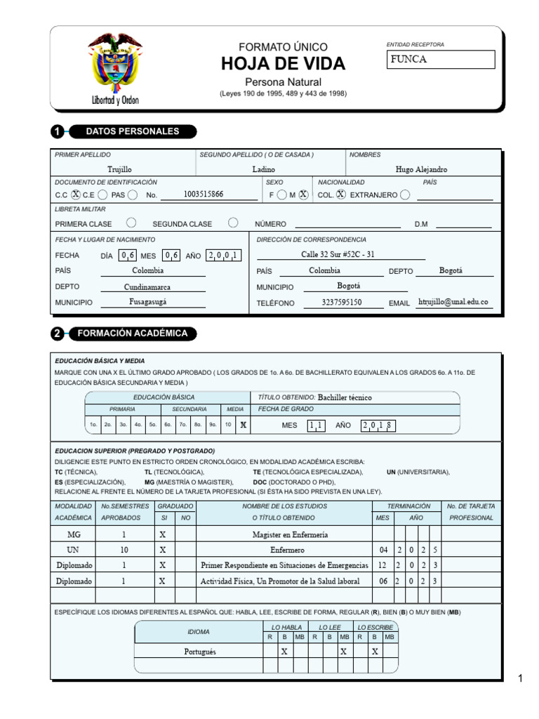 Hoja de Vida - 1003515866 - FUNCA | PDF