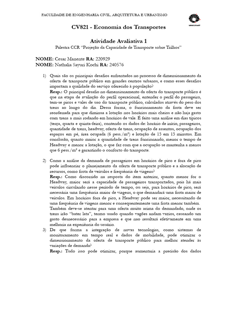 AtividadeAvaliativa1_240576_220929 | PDF | Transporte público | Trem