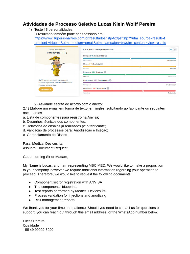 Atividades de Processo Seletivo Lucas Klein Wolff Pereira | PDF