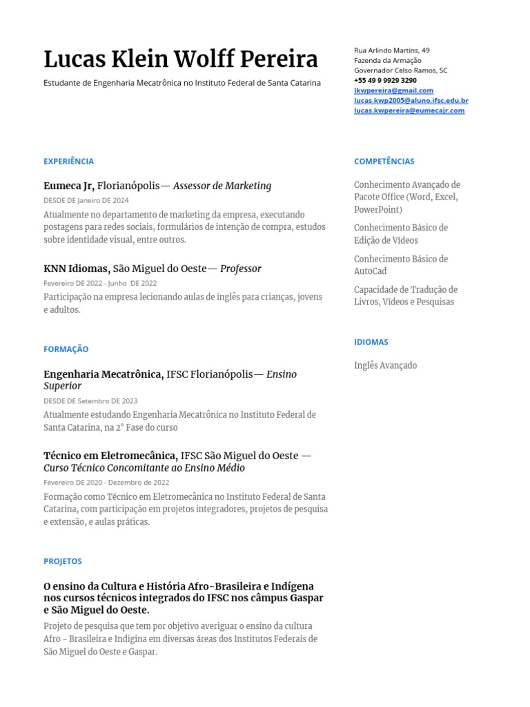 Currículo Lucas Klein Wolff Pereira | PDF