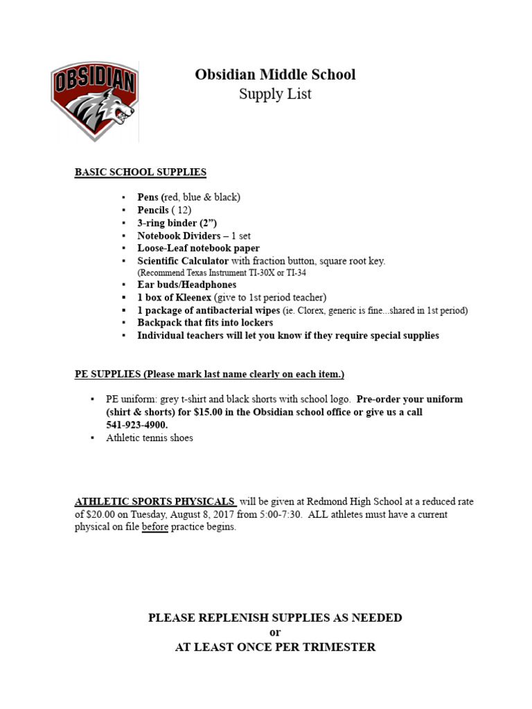16-17 Student Supply List | PDF