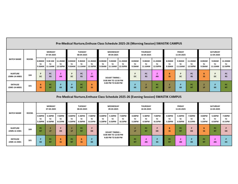 Swastik Pre Medical Time Table W.E.F 07-04-2025 | PDF