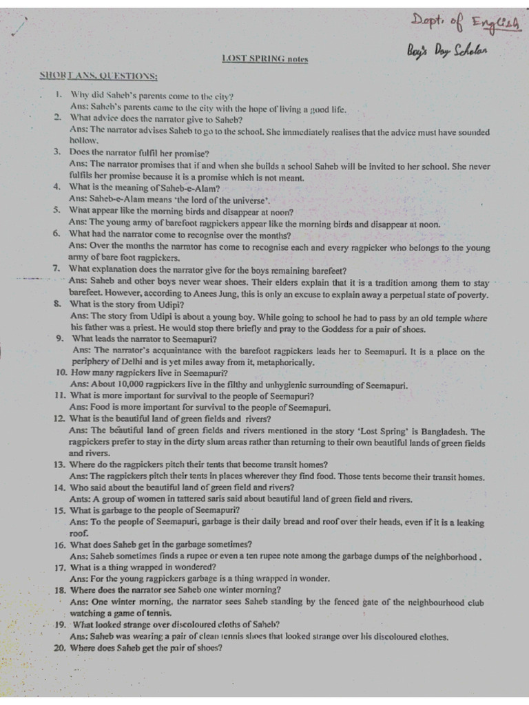 Class 12 English Lost Spring Notes | PDF