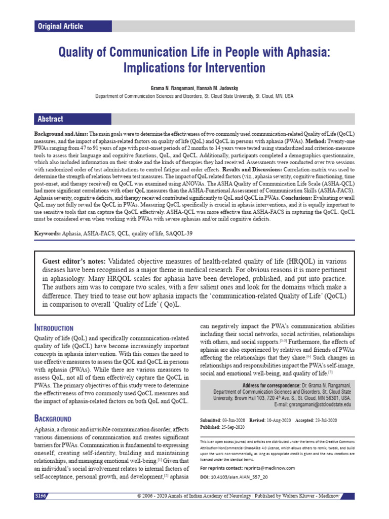 Evaluating QoCL in Aphasia Interventions | PDF | Aphasia | Quality Of Life