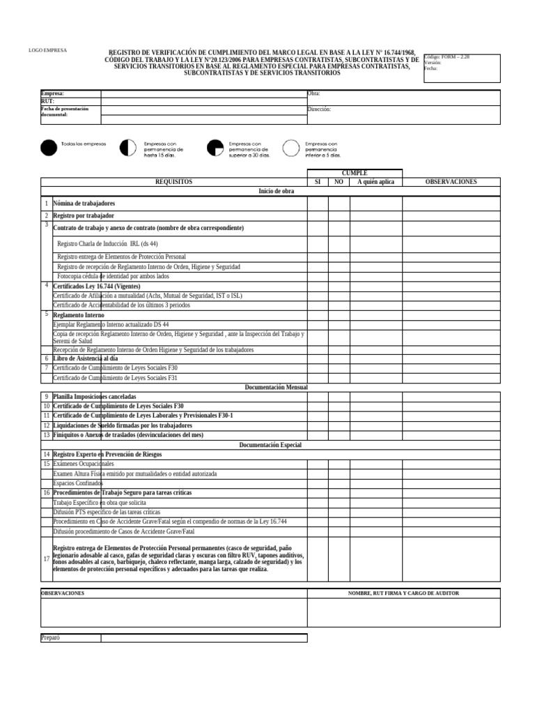 Checklist de Verificación Cumplimiento Subcontratistas, Carpeta de ...