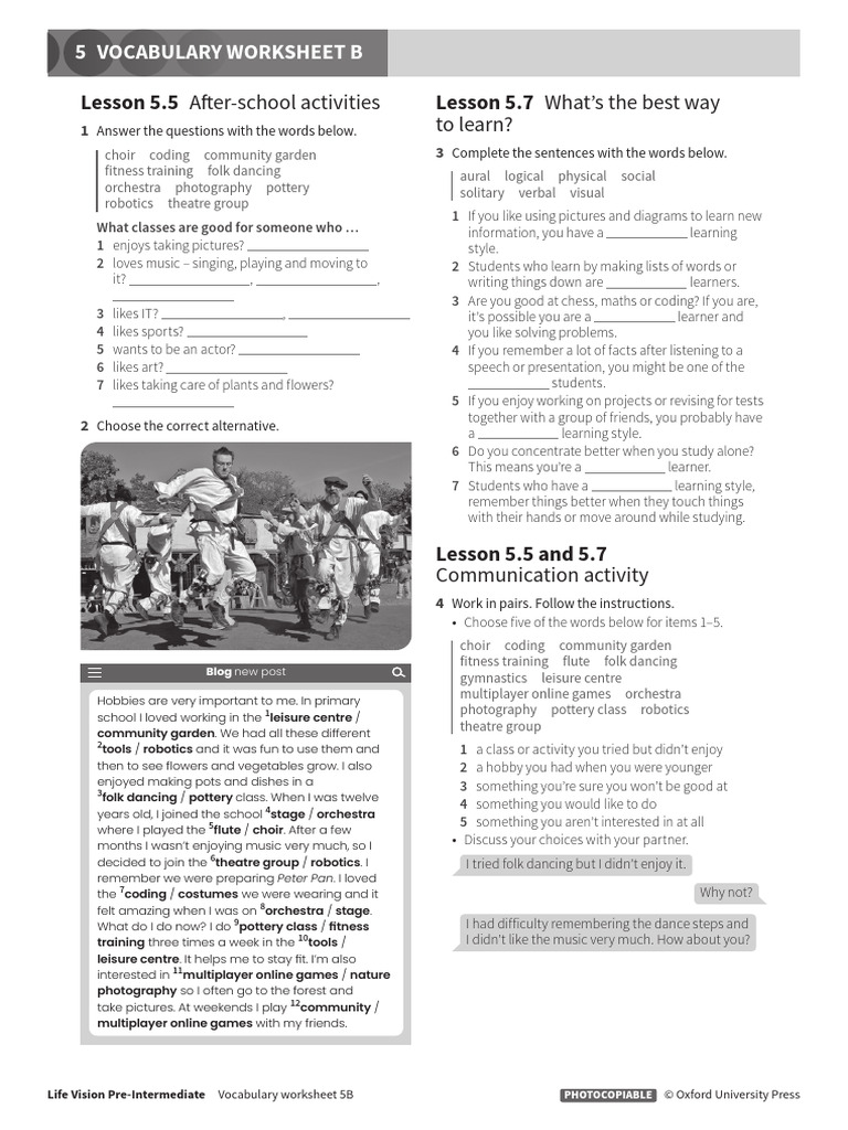 Life_Vision_Pre-Int_Vocab_Worksheet_B_U5 | PDF | Learning Styles | Learning