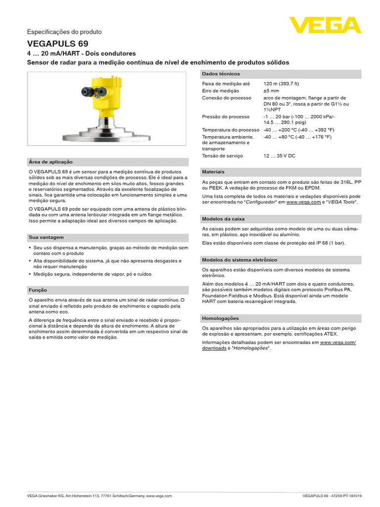 PT Data Sheet VEGAPULS 69 4 Ƒ 20 Ma HART Dois Condutores Sensor de ...