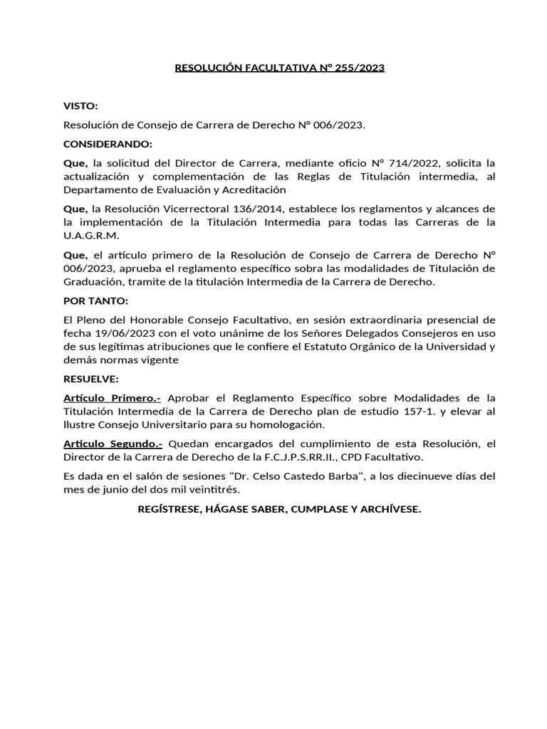 RESOLUCIÓN FACULTATIVA editada | PDF | Institución | Plan de estudios
