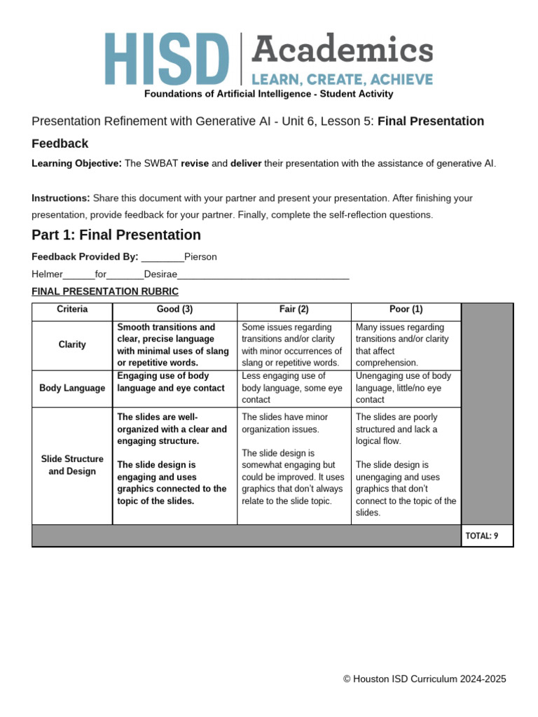 AI SA U6 L5 TSDE1F Activity - Final Presentation Feedback | PDF | Artificial Intelligence ...