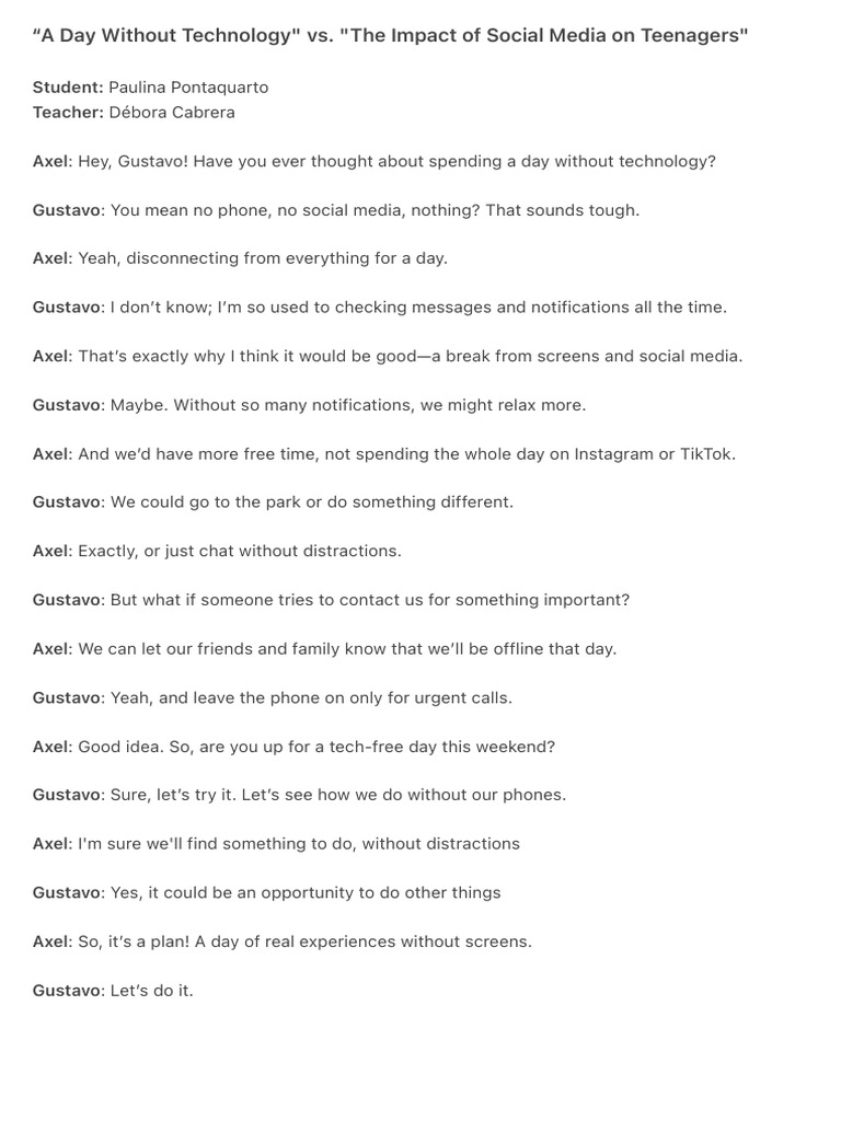 “a Day Without Technology vs. the Impact of Social Media on Teenagers… | PDF