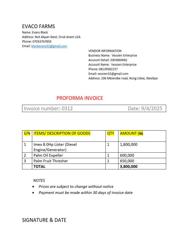 Invoice - Evaco Farms | PDF