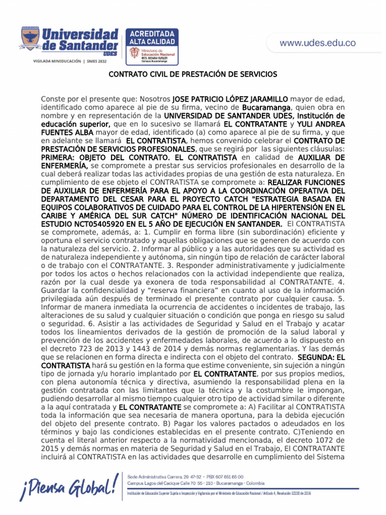 Contrato Civil de Prestacion de Servicios - Catch Año 5 - Yuli Andrea ...