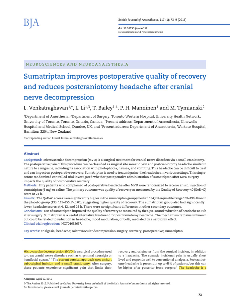 Sumatriptan Improves Postoperative Quality of Recovery and Reduces ...