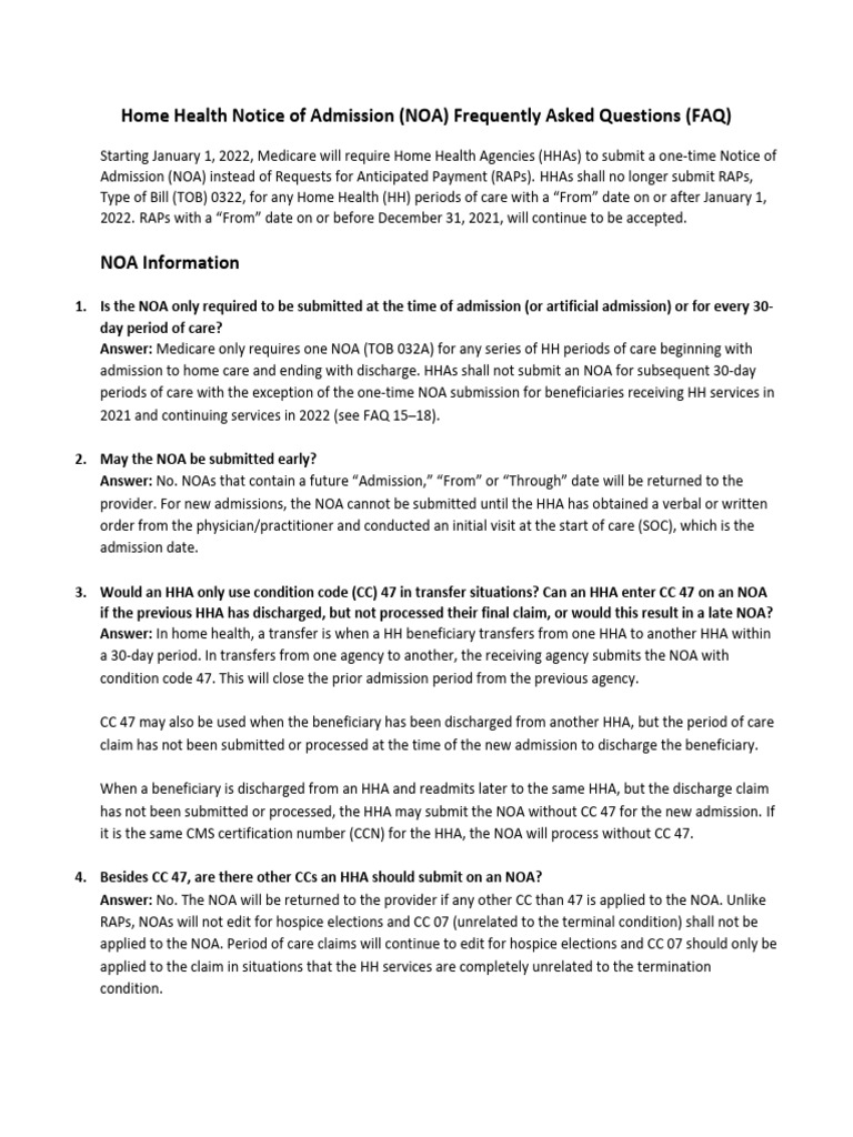 Home Health Notice of Admission NOA Frequently Asked Questions FAQ ...