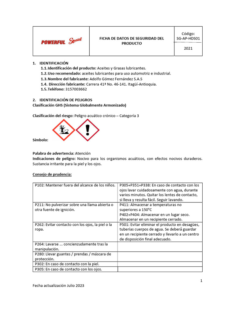 FDS - Aceite Sae 15W40 (Powerful) | PDF | Agua | Ventilación (Arquitectura)
