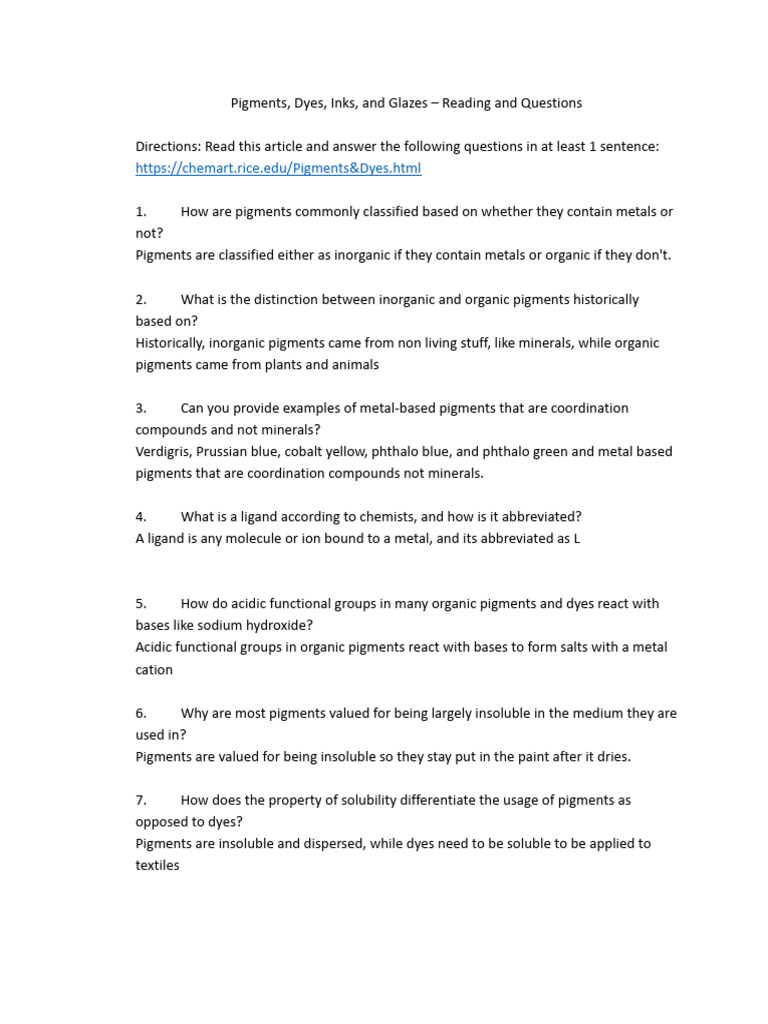 Pigments, Dyes, Inks, and Glazes - Reading and Questions | PDF | Color ...