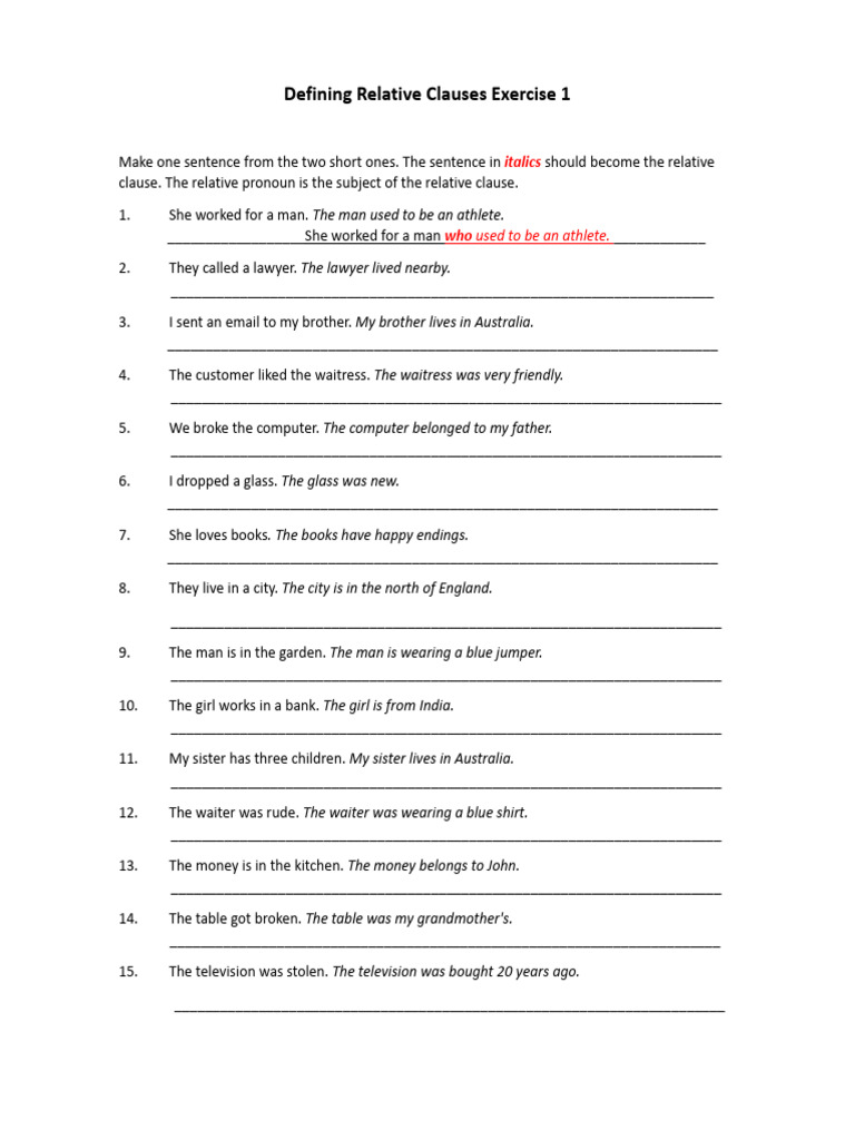 Defining Relative Clauses Exercise 1 | PDF