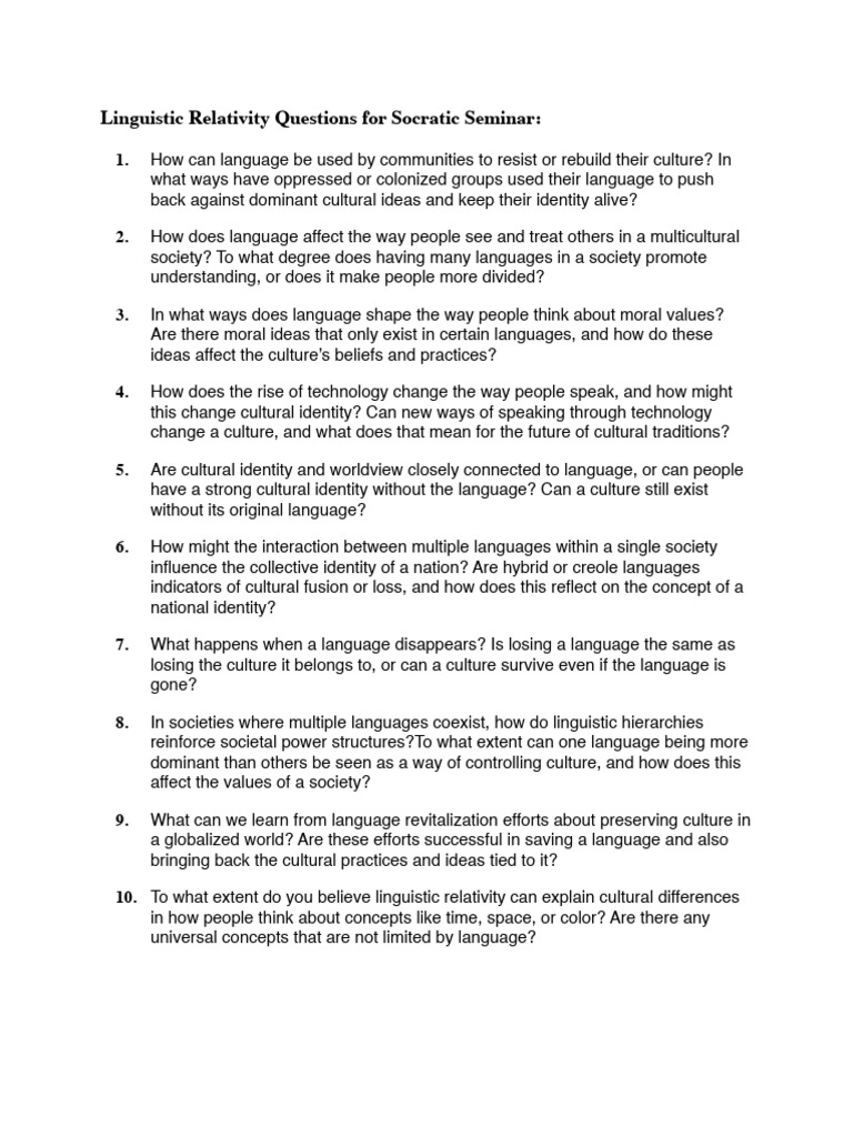 Linguistic Relativity Questions For Socratic Seminar | PDF | Identity ...
