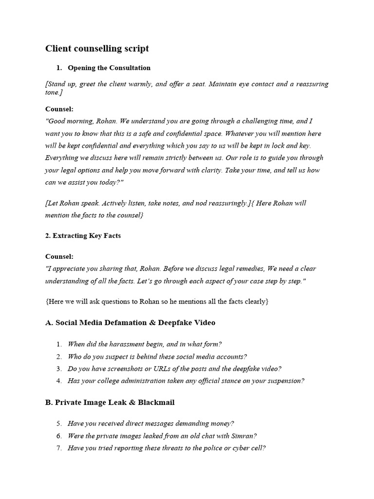 Client Counselling Script for Legal Issues | PDF | Complaint | Criminal Law
