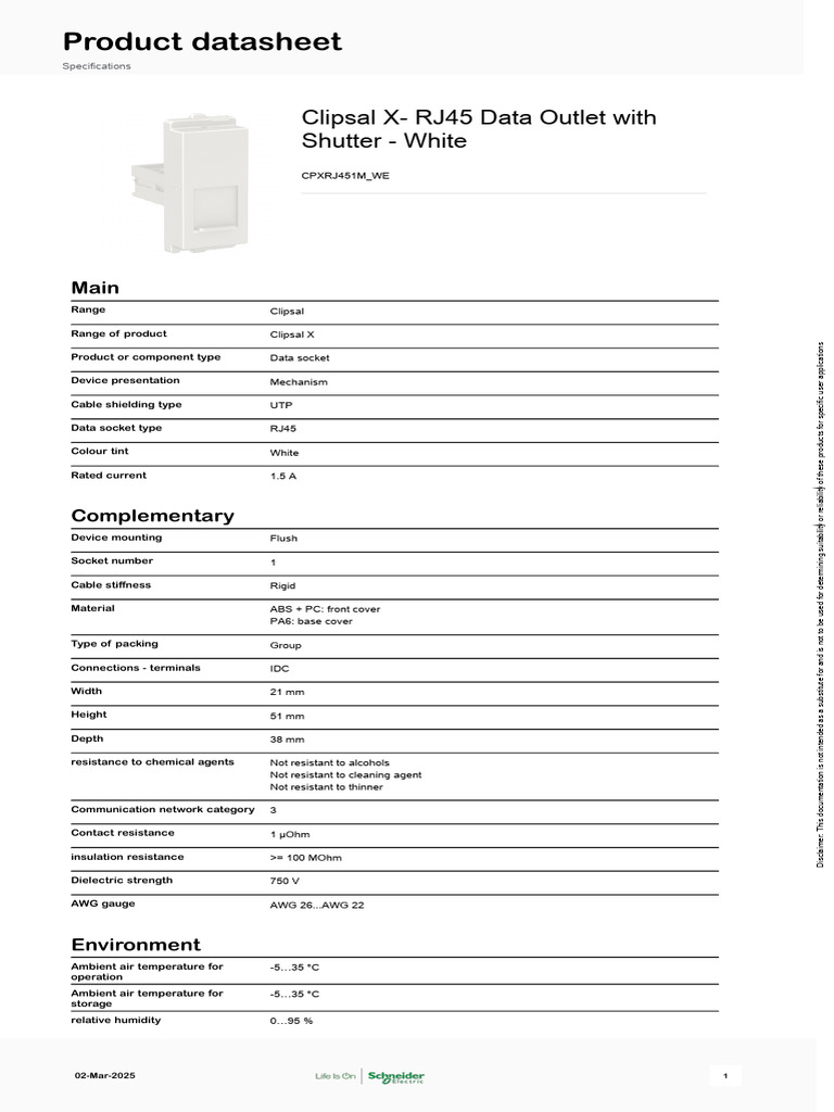 Schneider Electric - Clipsal-X - CPXRJ451M - WE | PDF | Electrical ...