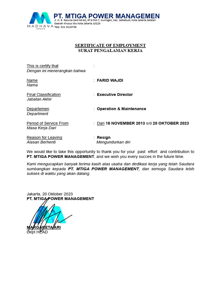 Sertifikat Pengalaman Kerja Farid Wajdi | PDF