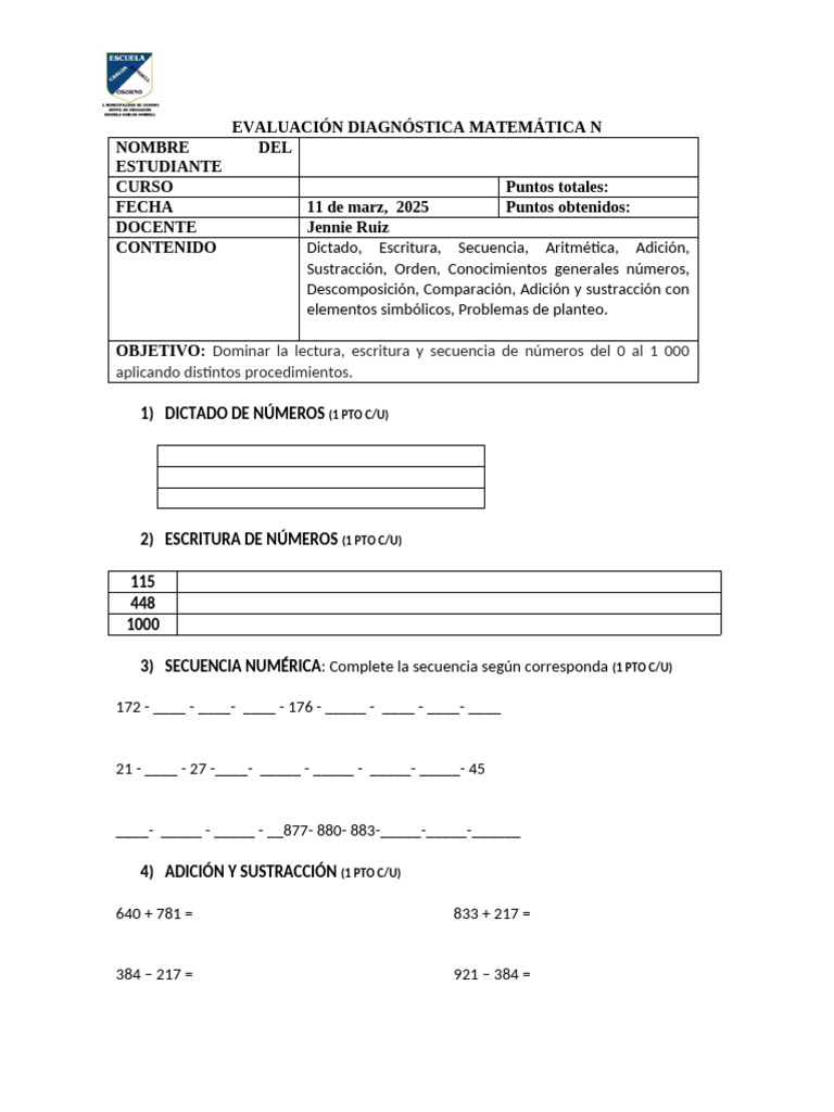 Evaluación Diagnóstica Matemática 2025 | PDF | Matemática Elemental ...