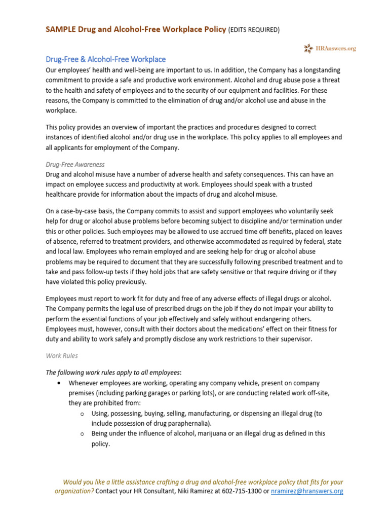 Sample Drug and Alcohol Policy Template | PDF | Substance Abuse ...