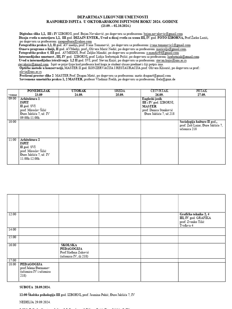 Likovni Departman Raspored Ispita Za Osnovne I Master Akademske Studije Oktobar 2024 | PDF